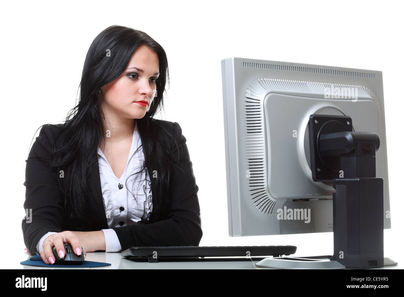modern business woman with headset microphone sitting at office desk ...