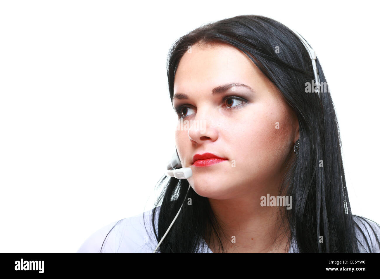 modern business woman with headset microphone sitting at office desk ...