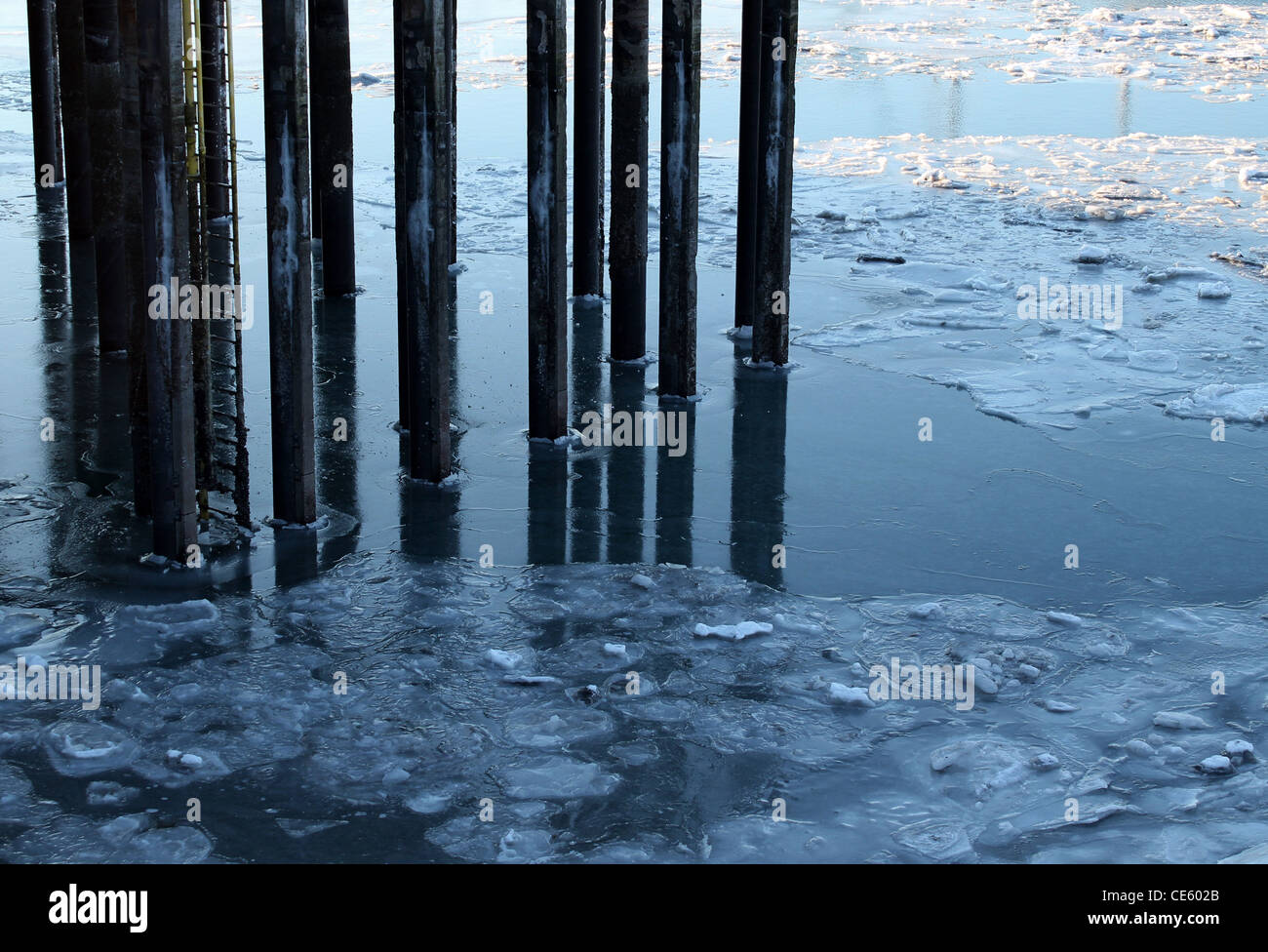 Old pier pillars in icy water of the harbor in winter Stock Photo - Alamy