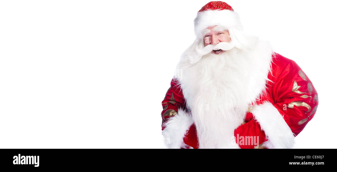 Traditional Santa Claus giving a big "ho ho ho" belly laugh. Isolated ...