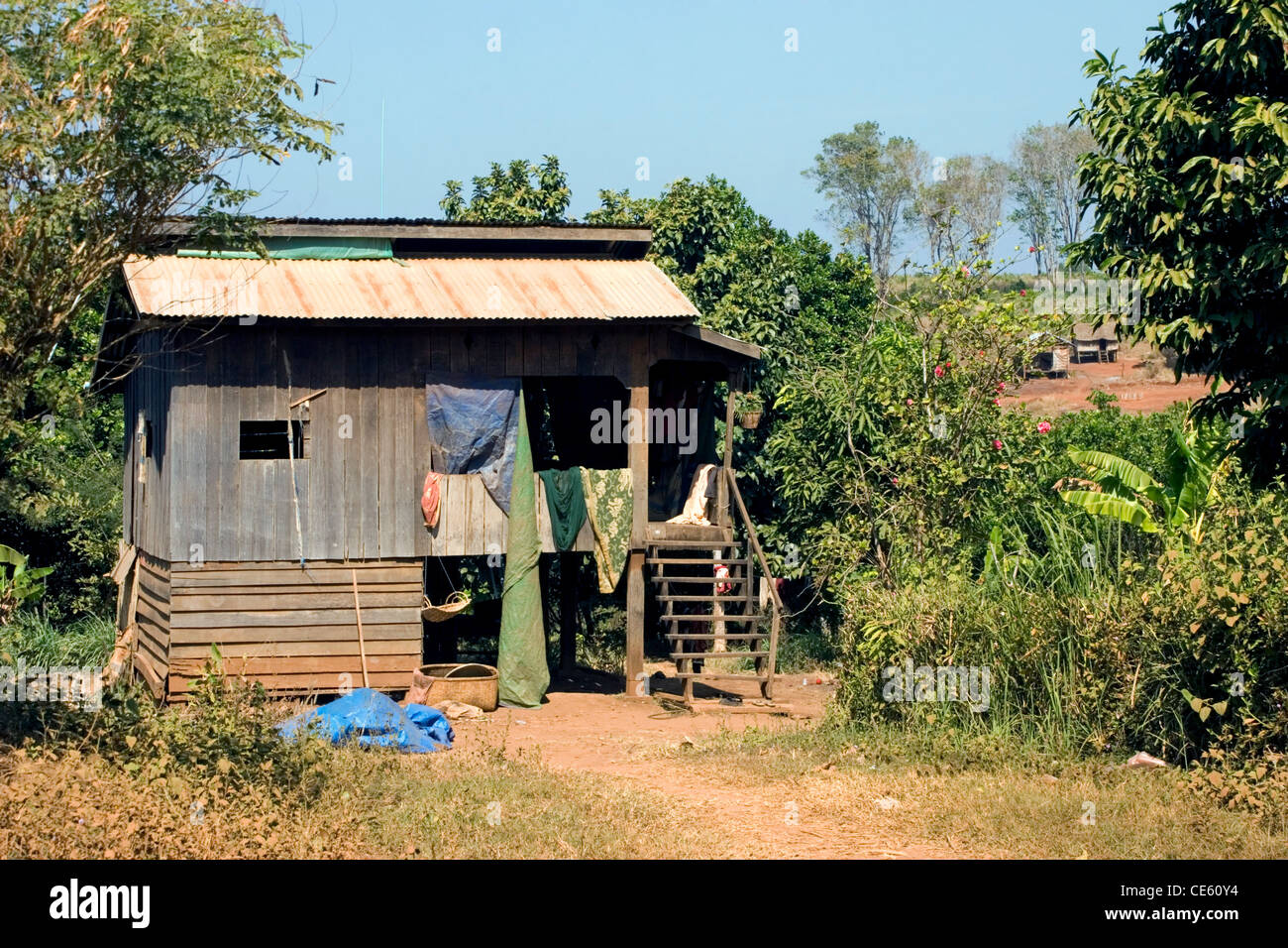 A typical Cambodian wooden home on stilts is part of the rural ...
