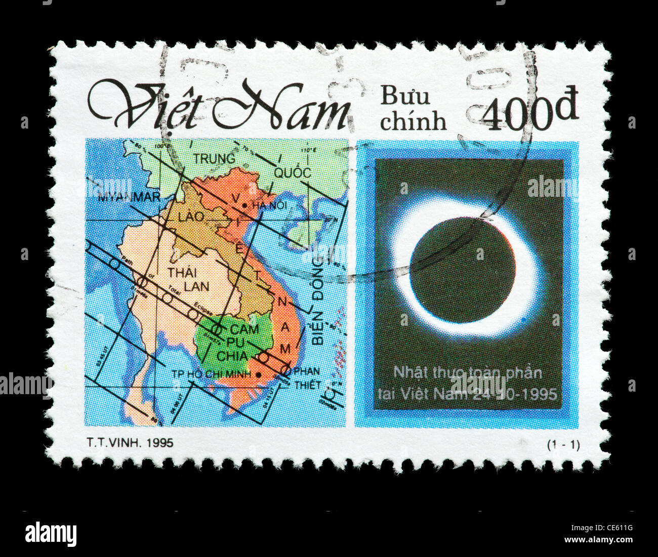 Postage stamp from Vietnam depicting a map and a solar eclipse Stock ...
