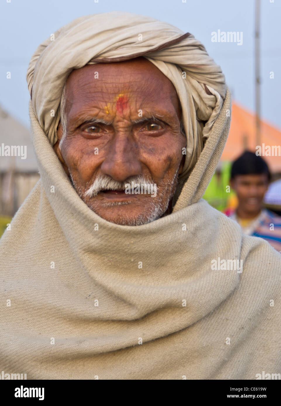 old man with tilak, turban and wrapped up in shawl, Magh Mela, Sangam ...