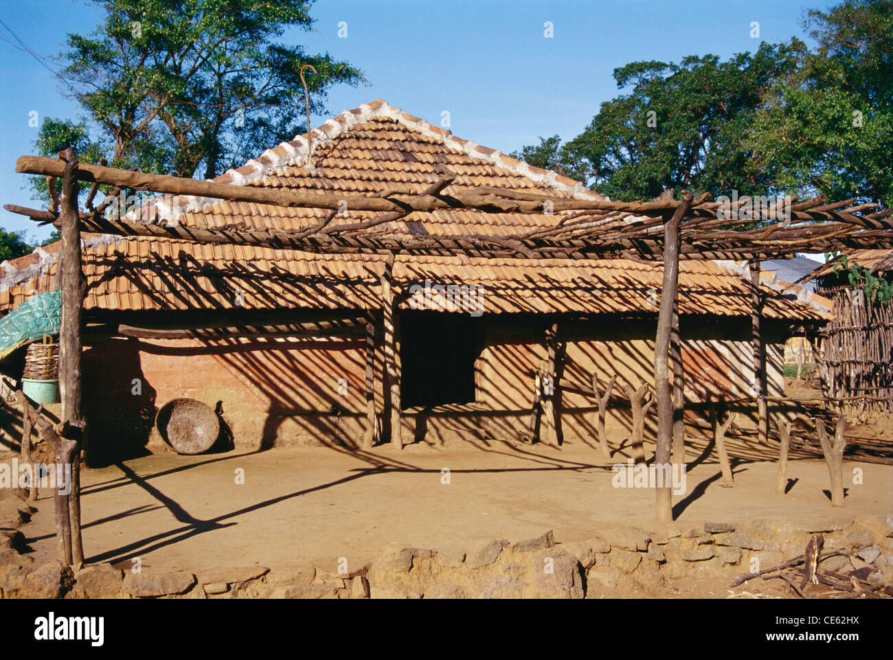 Shadow of bamboo wood roof on village house Chiplun Maharashtra India ...