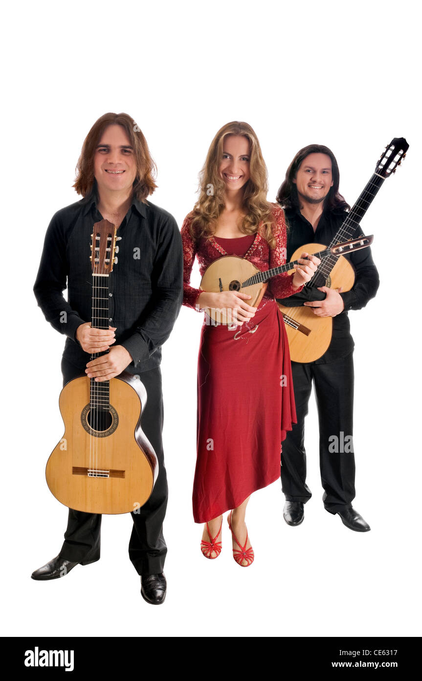 three smiling musicians isolated on white background Stock Photo - Alamy