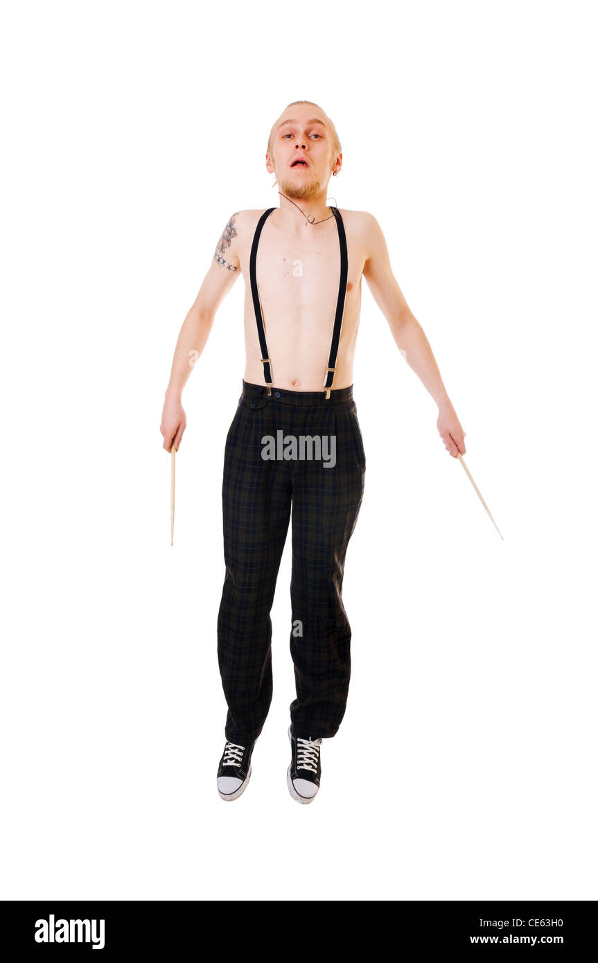 Excited drummer jumping isolated on white background Stock Photo - Alamy