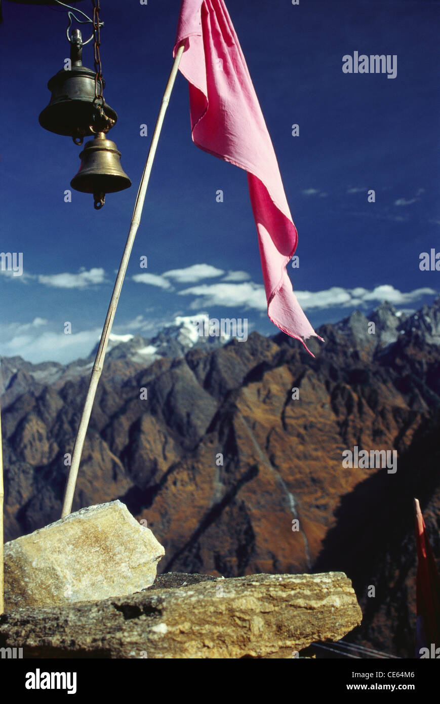 Hanuman temple bells flag, Auli, Himalayan ski resort, hill station ...