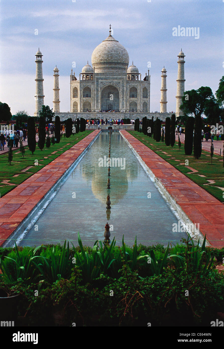 Taj Mahal with garden ; white marble mausoleum ; Mughal architecture ...