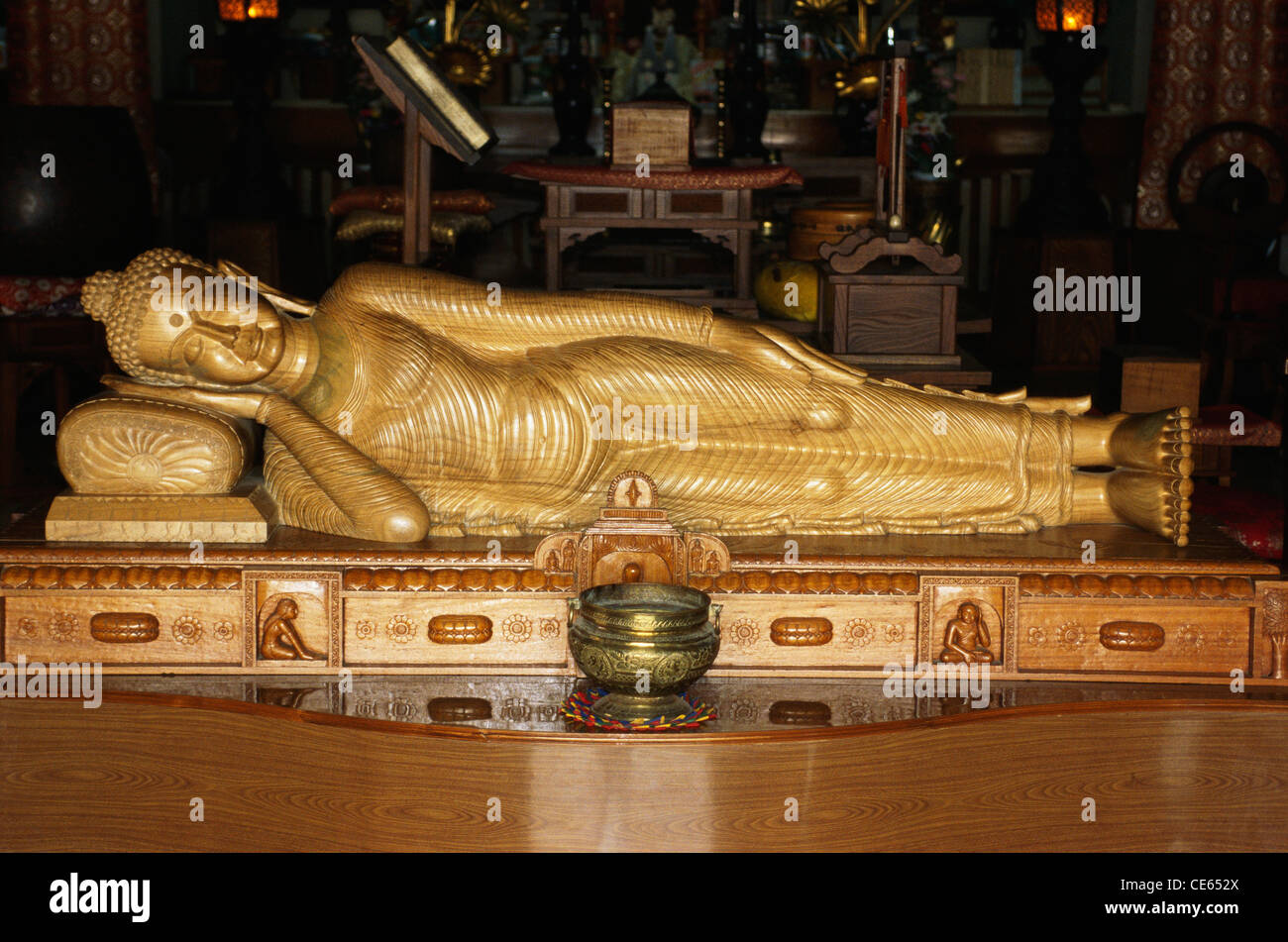 Nirvana ; sleeping Buddha sandal wood statue in Horinji Japanese temple ...