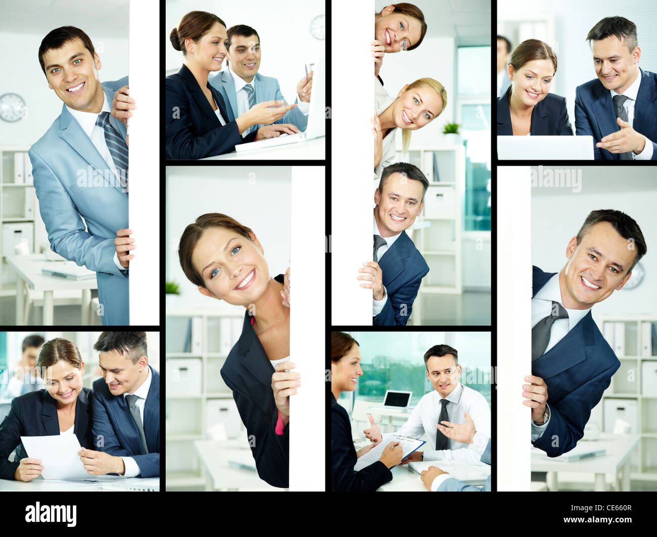 Collage of friendly professionals planning work and peeking out of ...