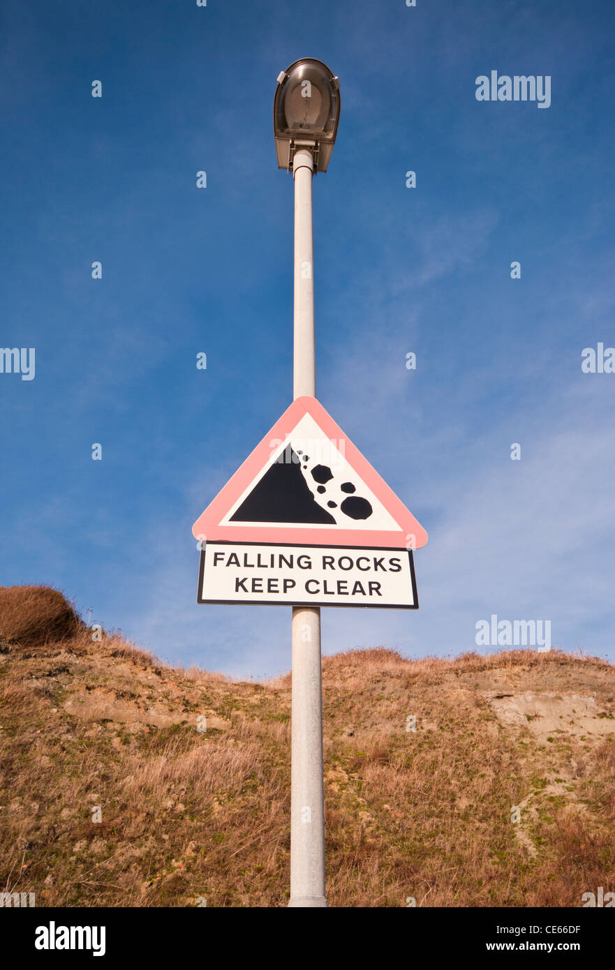 Danger Warning Signs Falling Rocks Keep Clear Sign UK Stock Photo - Alamy