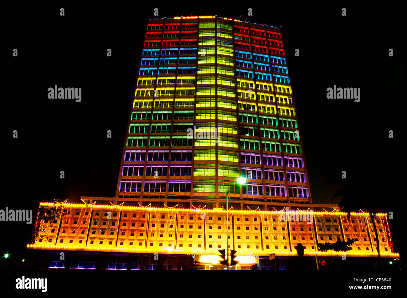Illuminated New Administrative Building tower ; State Government office ...