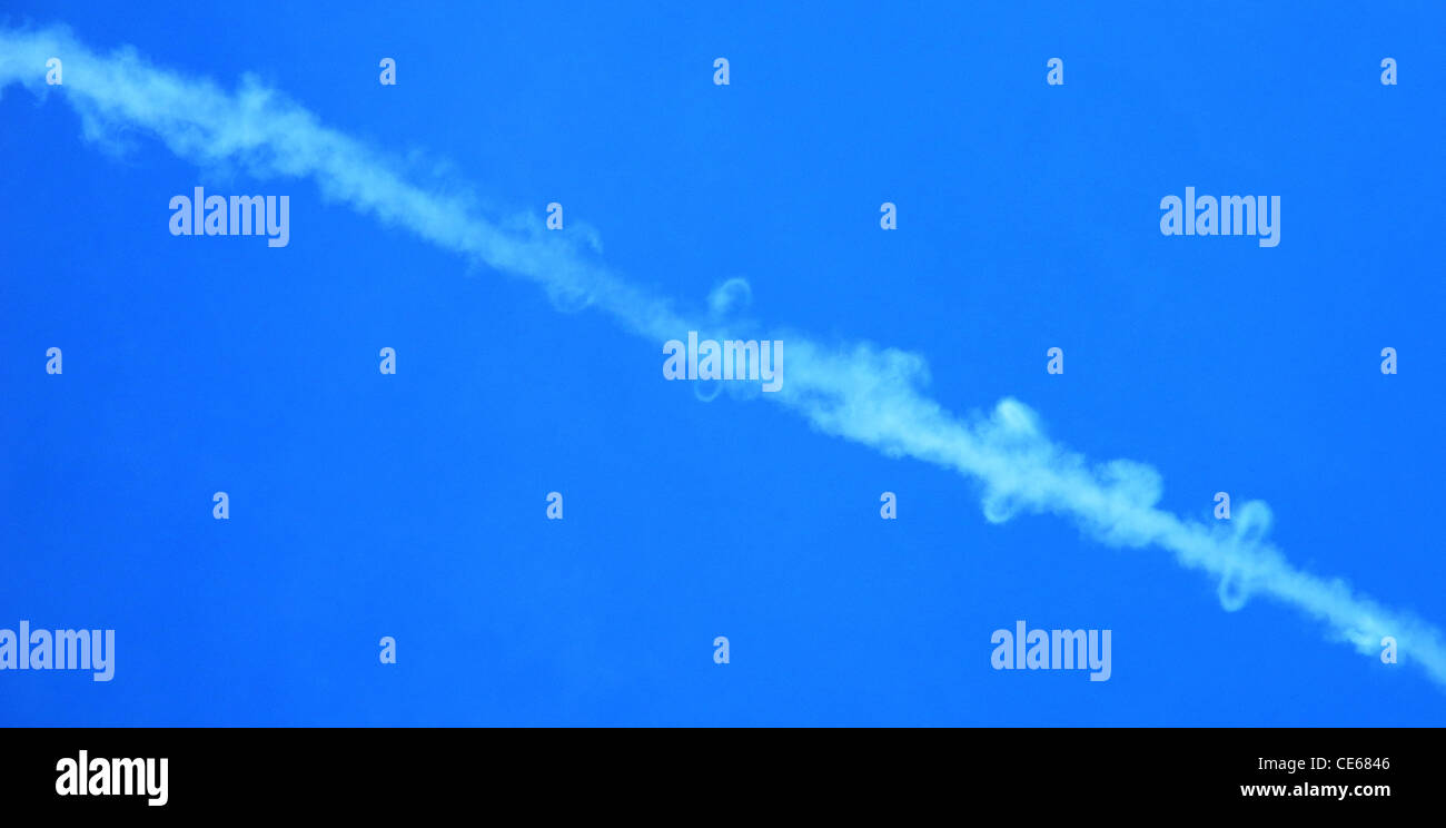 Jet contrails displaying vortex interaction known as Crow instability ...