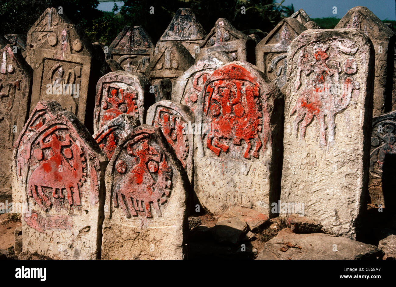 Indian rural village guardian deity memorial stones ; Kutch ; Kachchh ...