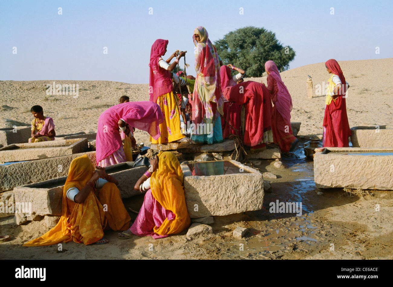Indian rural Rajasthani women at village well ; Jaisalmer ; Rajasthan ...