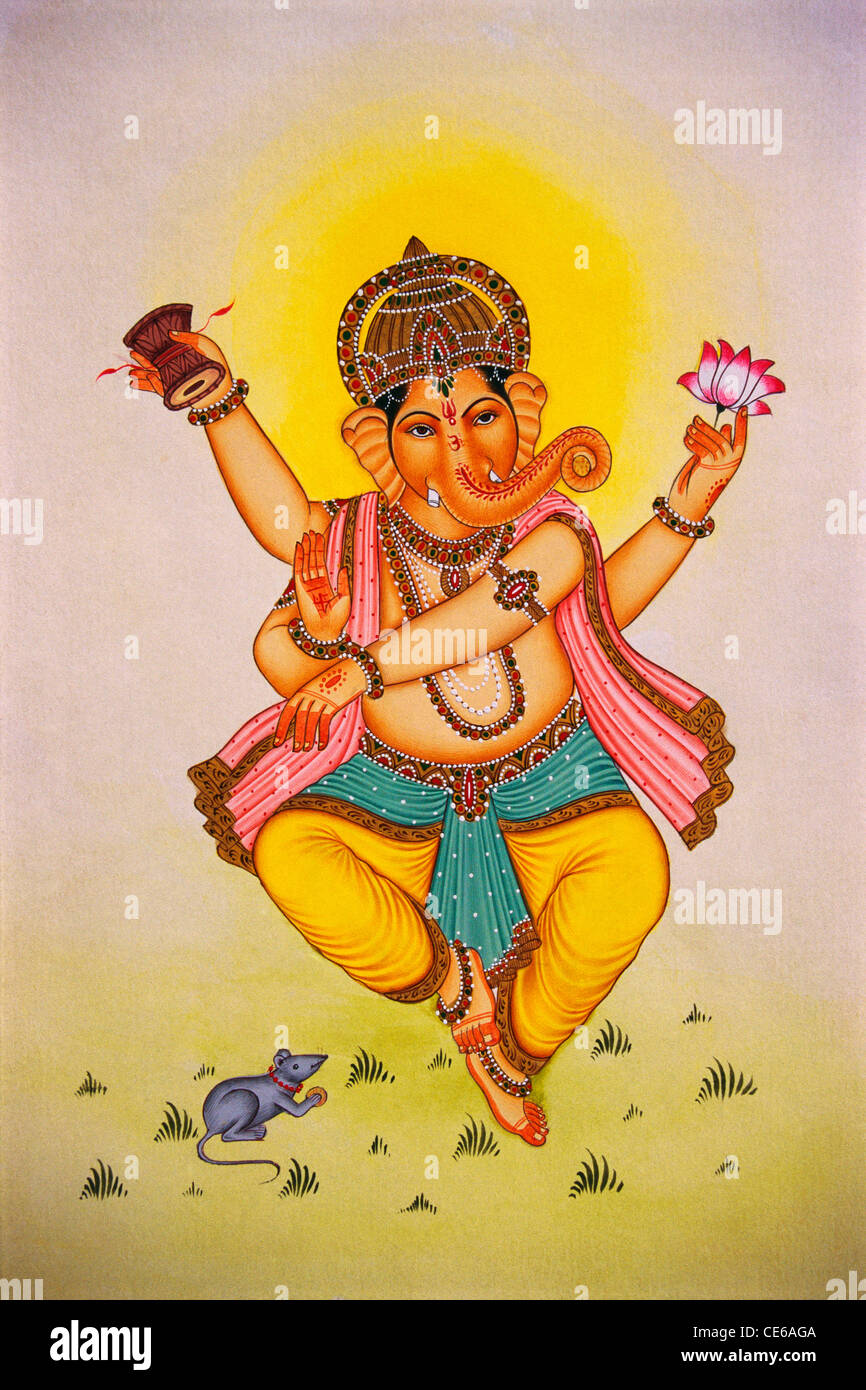 Lord Ganesh dancing ; miniature painting on paper ; painting ; art ...