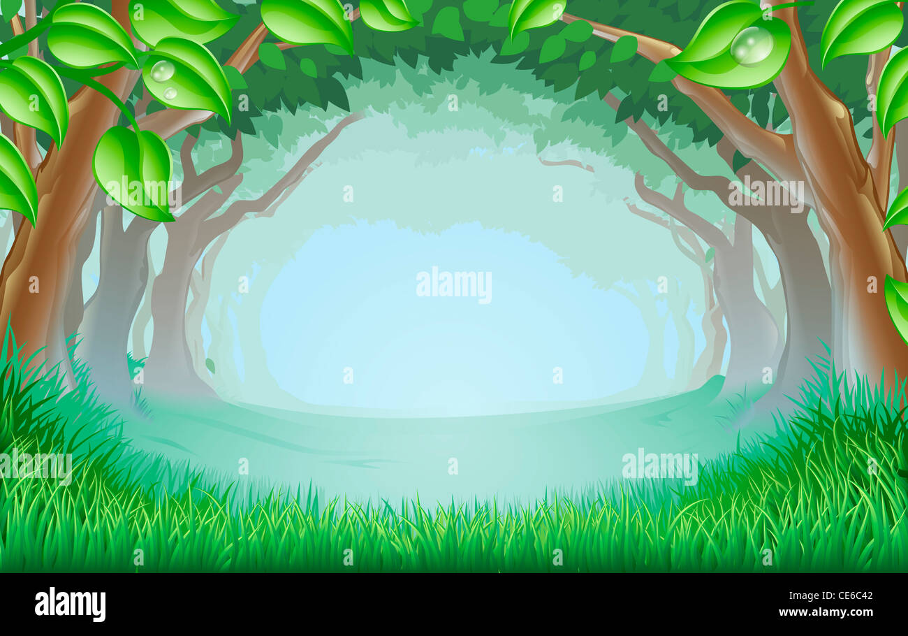 A beautiful woodland scene with trees and grass and space in the centre ...