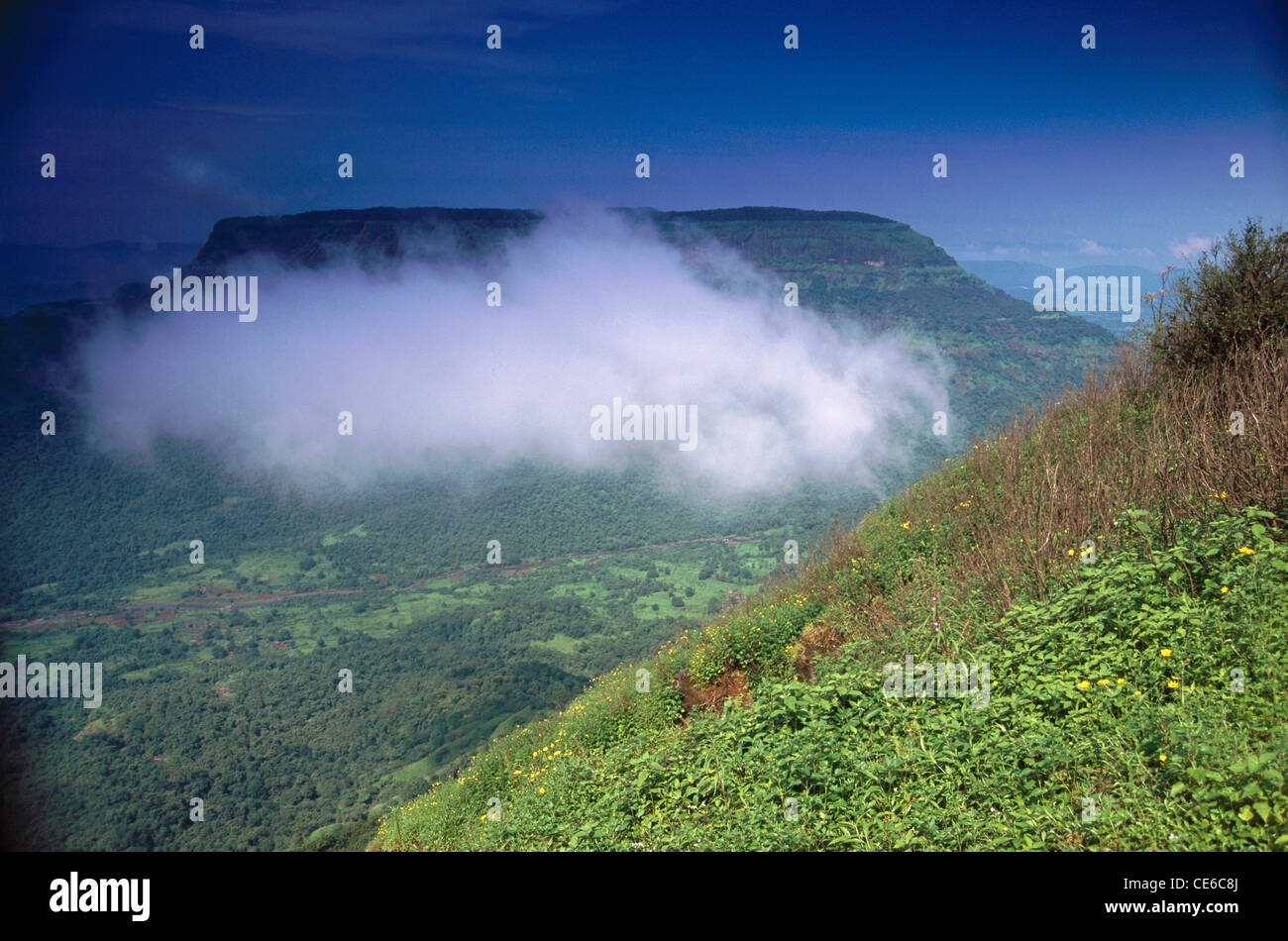 Cloud floating in valley ; Western Ghats ; Deccan Plateau ; matheran ...