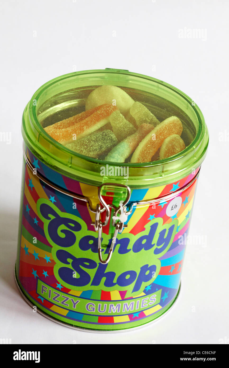 Tin of Candy Shop Fizzy Gummies sweets isolated on white background ...