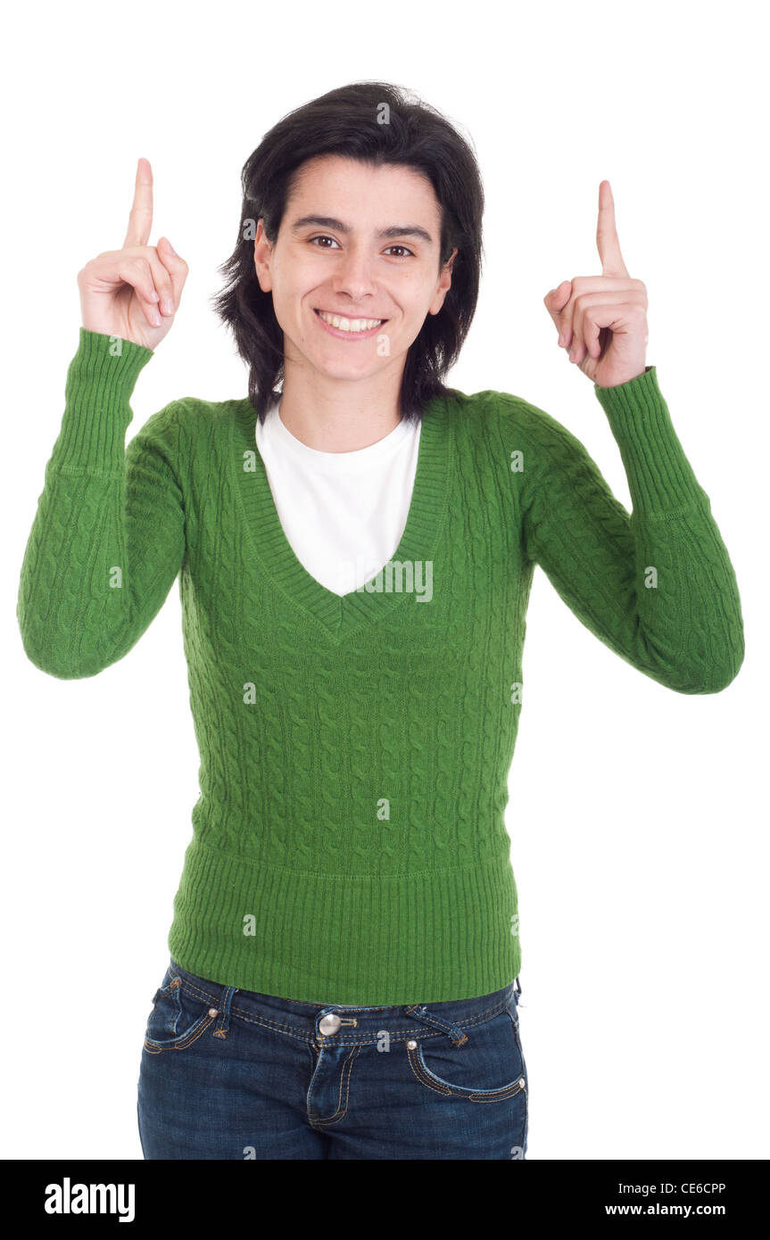 Woman pointing up Stock Photo - Alamy