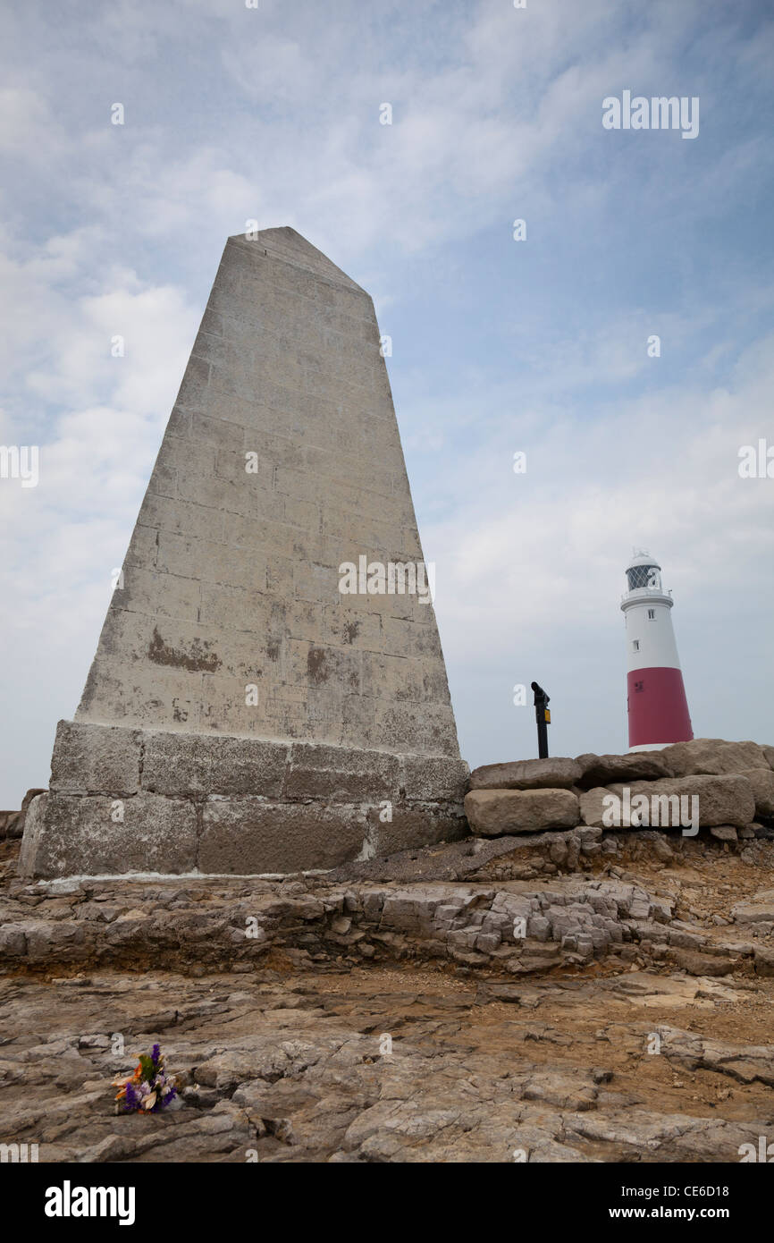 Stone obelisk ,with the lighthouse behind, at the southern tip of ...