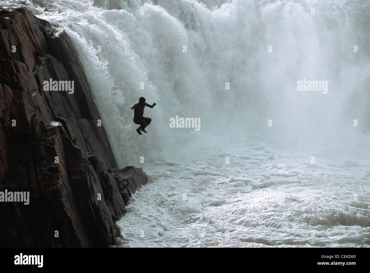 Man jumping in Narmada waterfalls Bhedaghat Jabalpur Madhya Pradesh ...