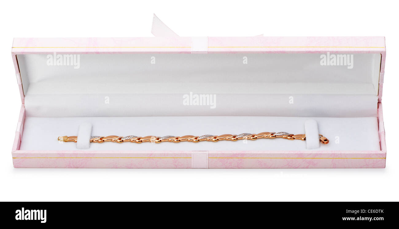 Gold bracelet in gift packing. It is isolated on a white background ...