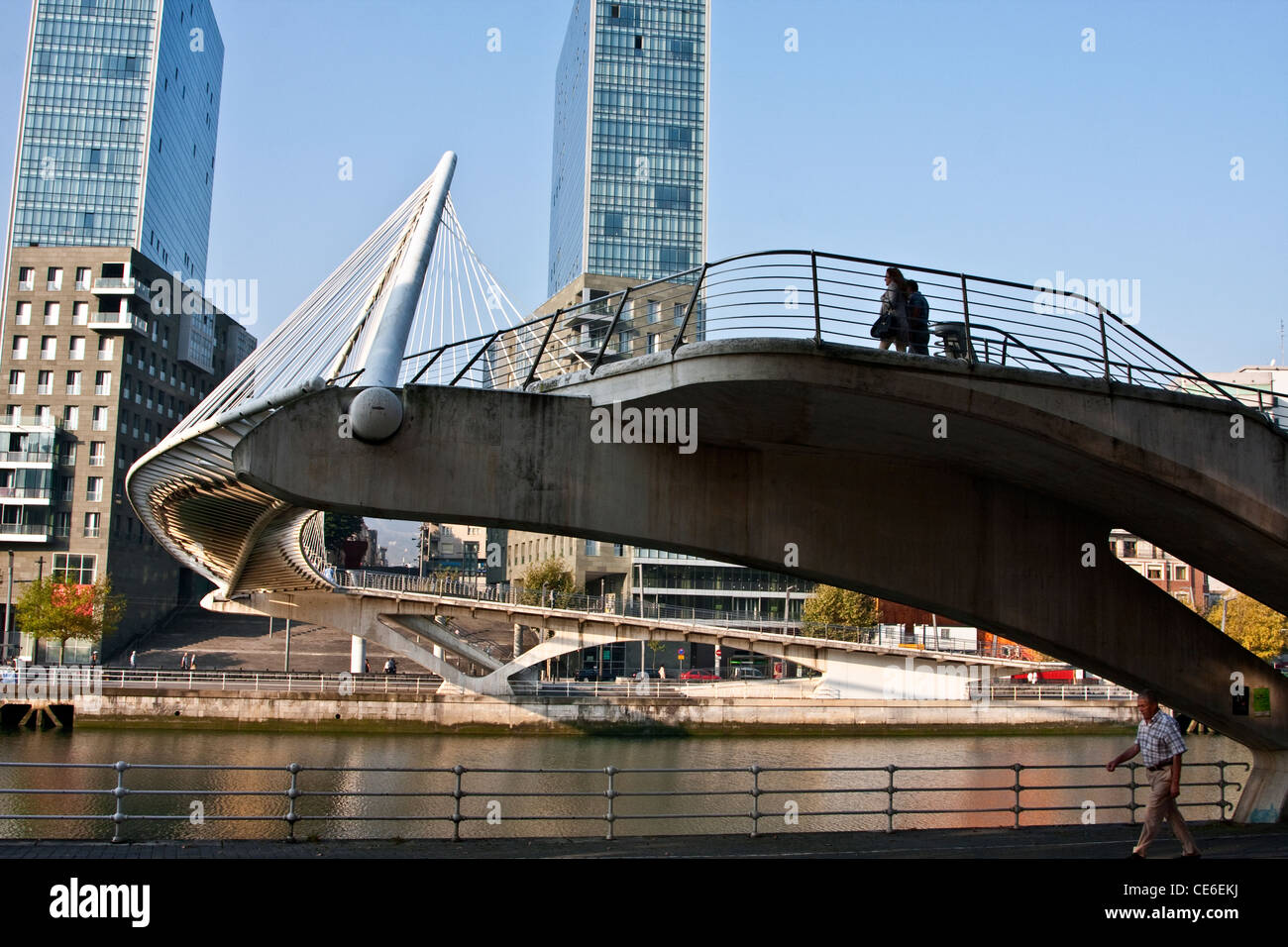 The Santiago Calatrava designed bridge over the Nervion River in Bilbao ...