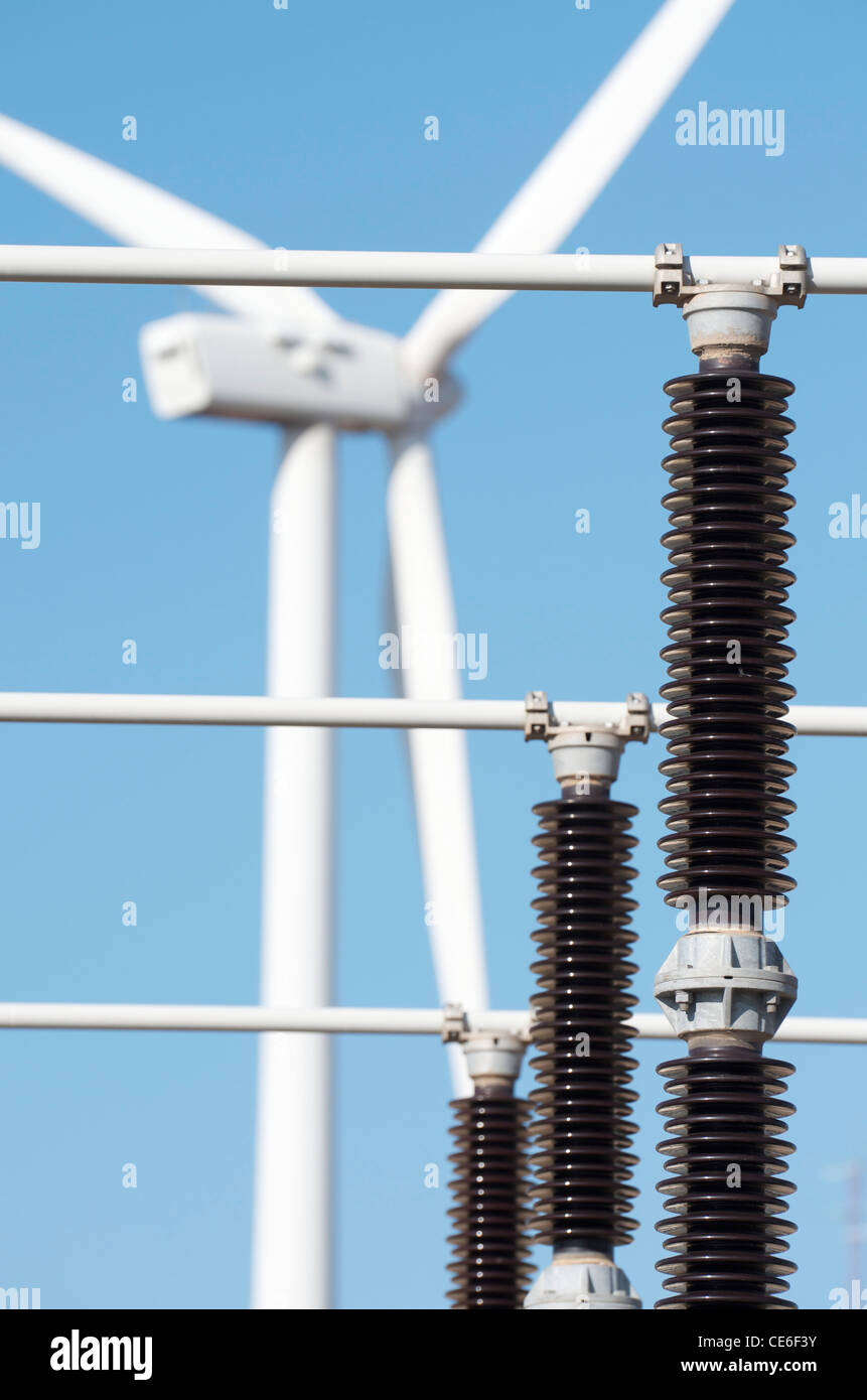 windmill for electric power production and electrical substation Stock ...