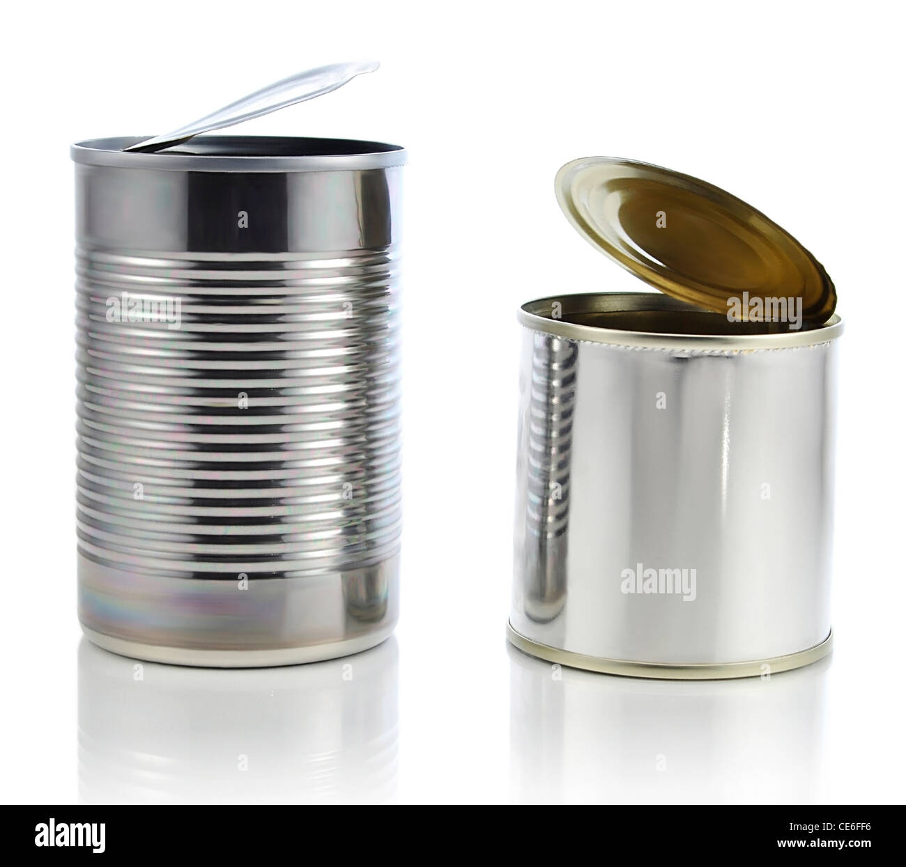 open cans on white background Stock Photo - Alamy