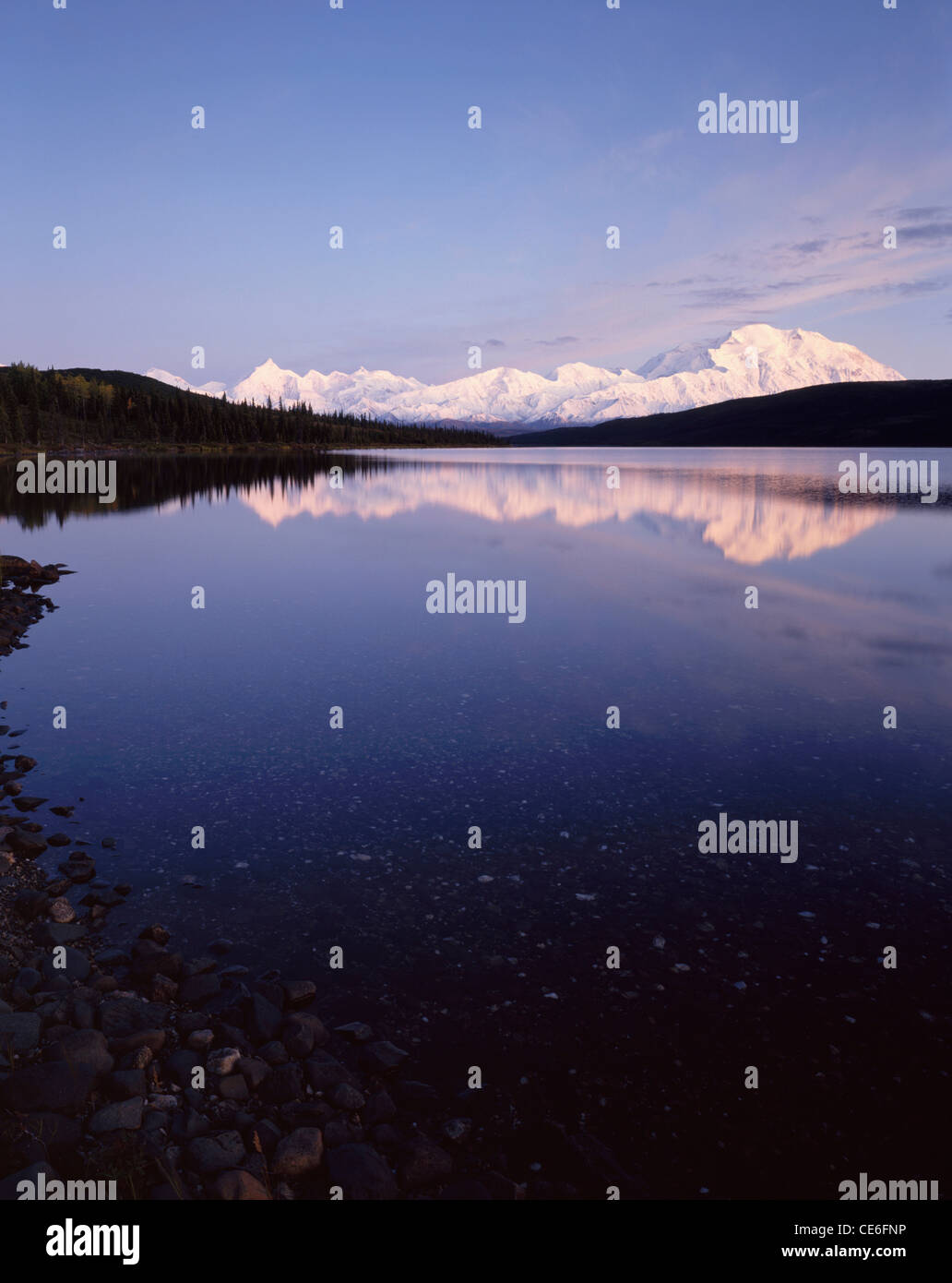 USA, Alaska, Sunset, Wonder Lake, Reflection, Mount McKinley, Denali ...