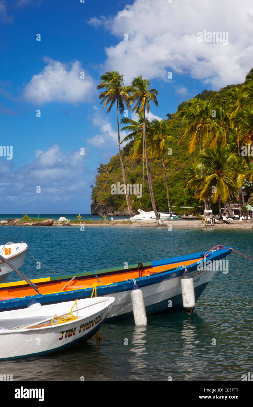 Boats in the tiny harbor at Marigot Bay on the west coast of St. Lucia ...