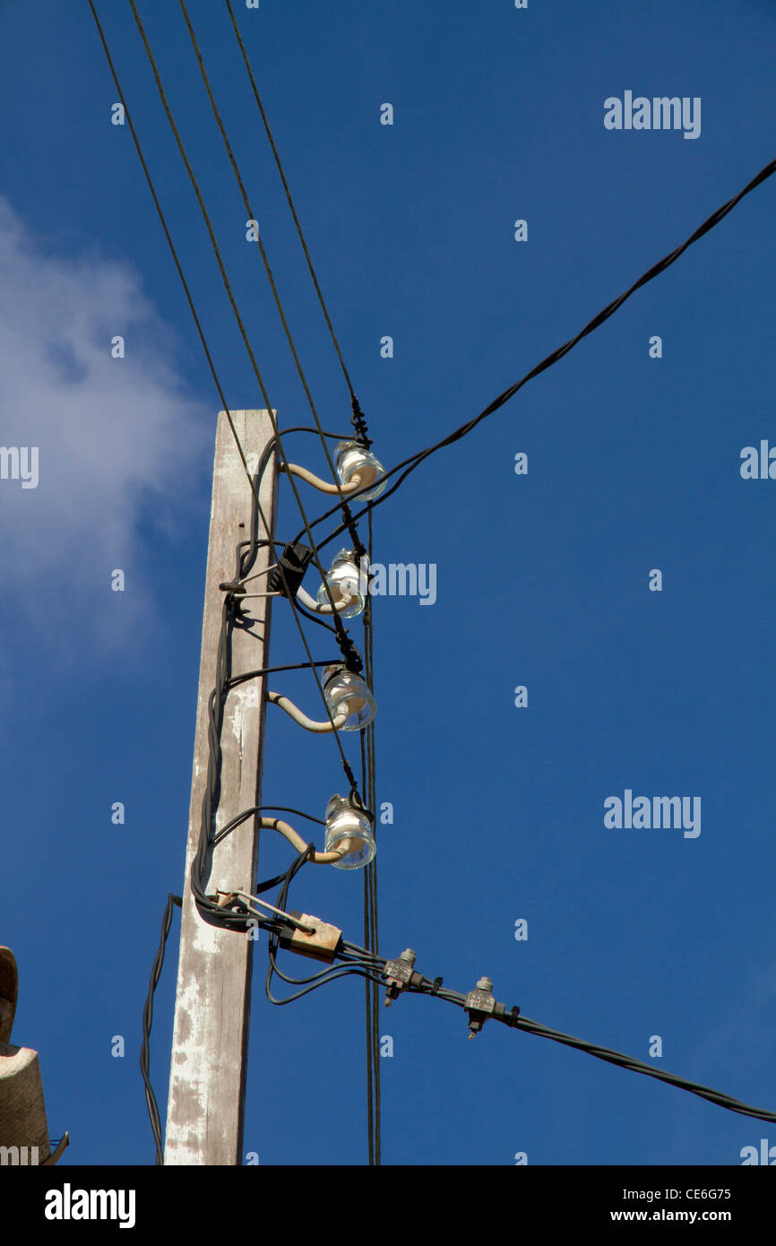 Power line on pole old Stock Photo - Alamy