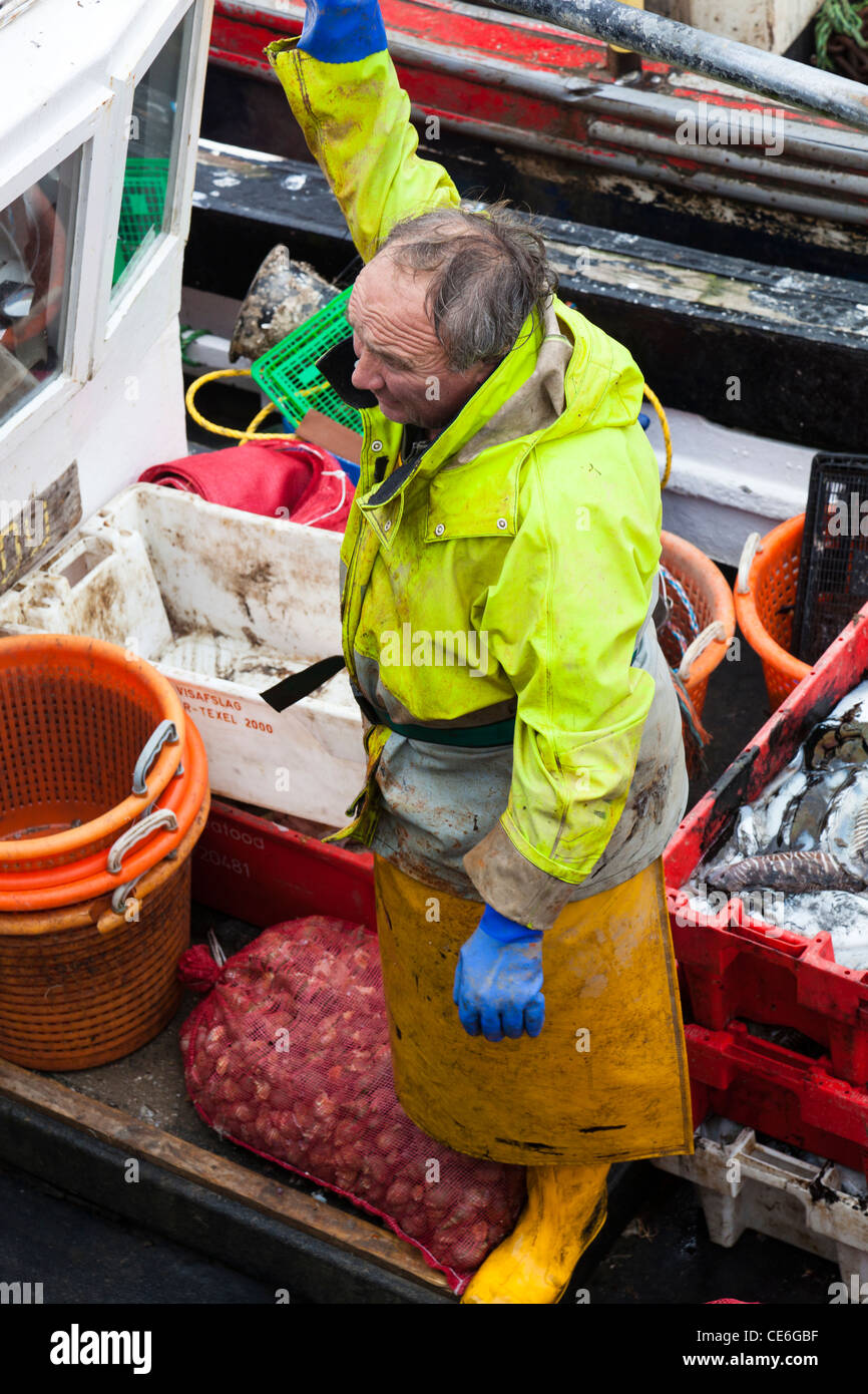 Fisherman surrounded by freshly caught squid and shellfish, West Bay ...