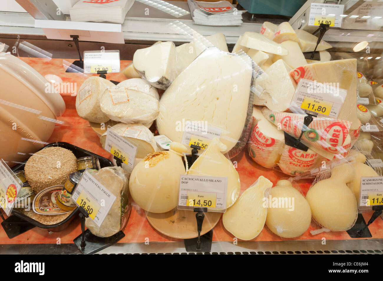 exposition of cheeses in a supermarket Stock Photo - Alamy