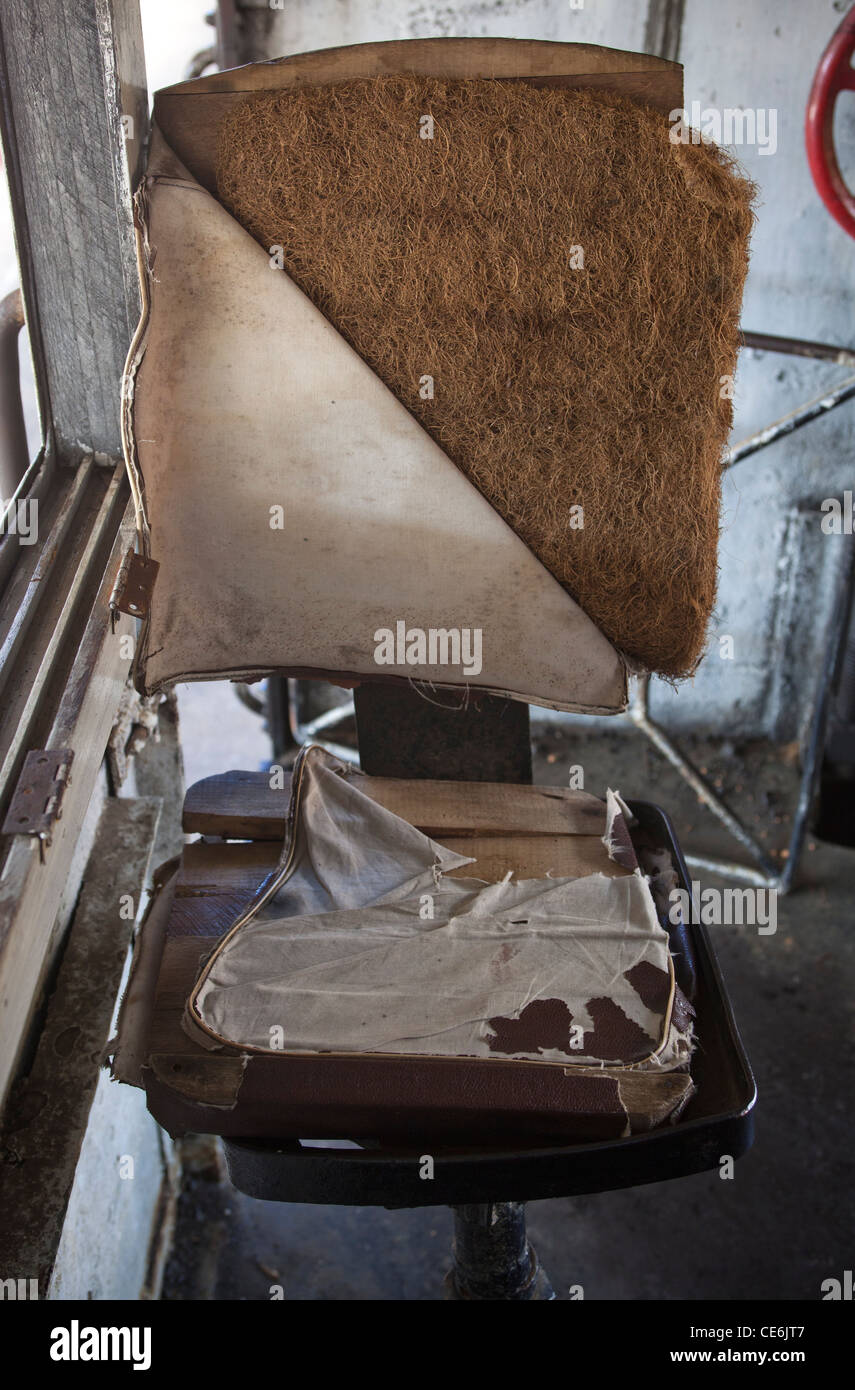 Close up detail of Drivers Seat inside steam train at the Railway ...