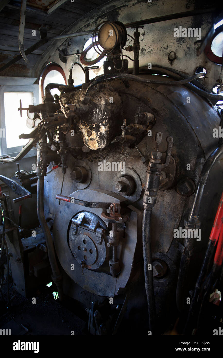Close up detail of Engine room inside steam train at the Railway ...