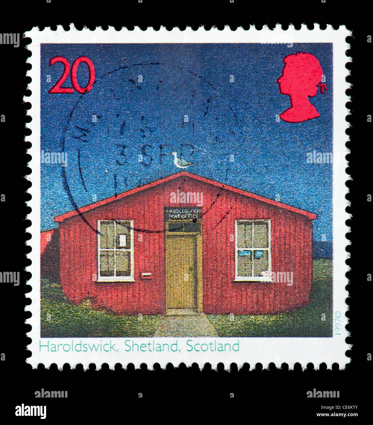Postage stamp from Great Britain depicting a post office in Haroldswick ...