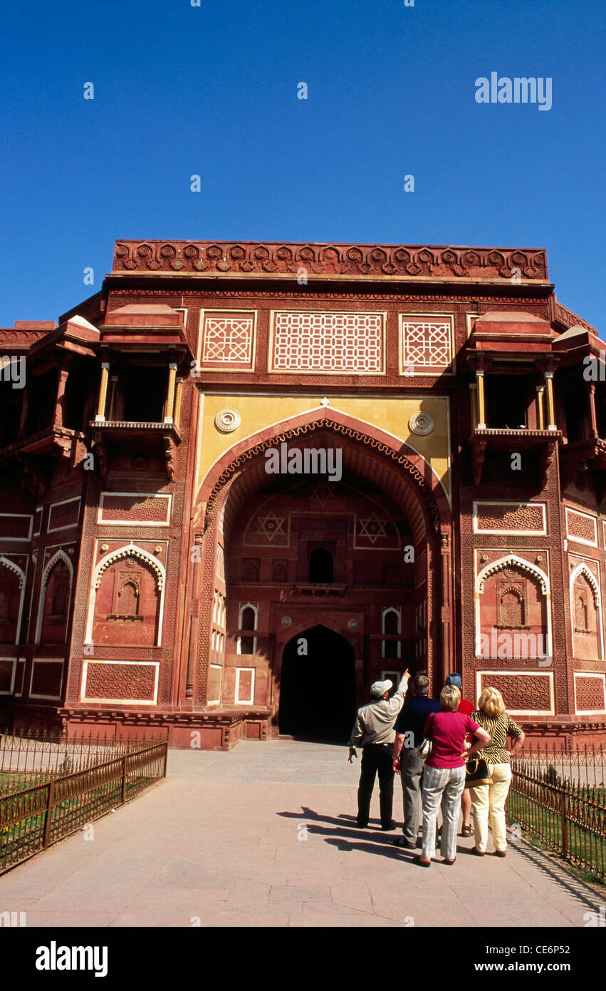 Guide with foreigner tourists at Jahangir Mahal ; Agra Fort ; Uttar ...