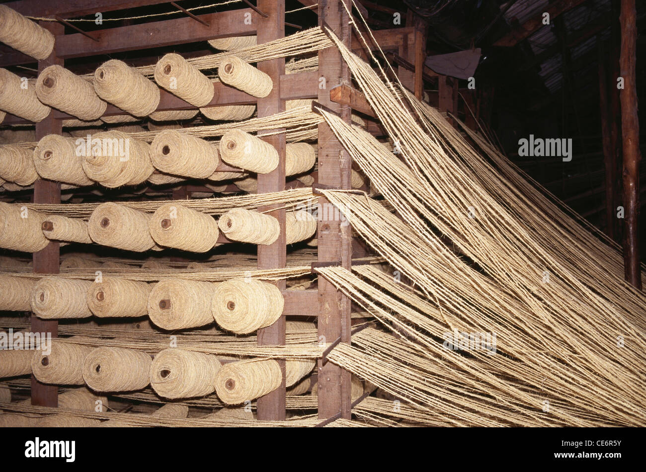 Coir yarn spools in factory ; alleppey ; Alappuzha ; kerala ; india ...