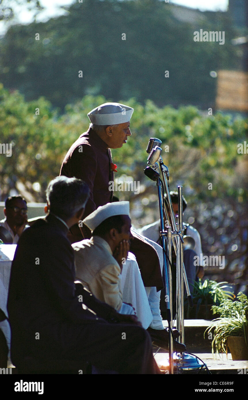 Jawaharlal Nehru ; First Prime Minister of India talking on microphone ...