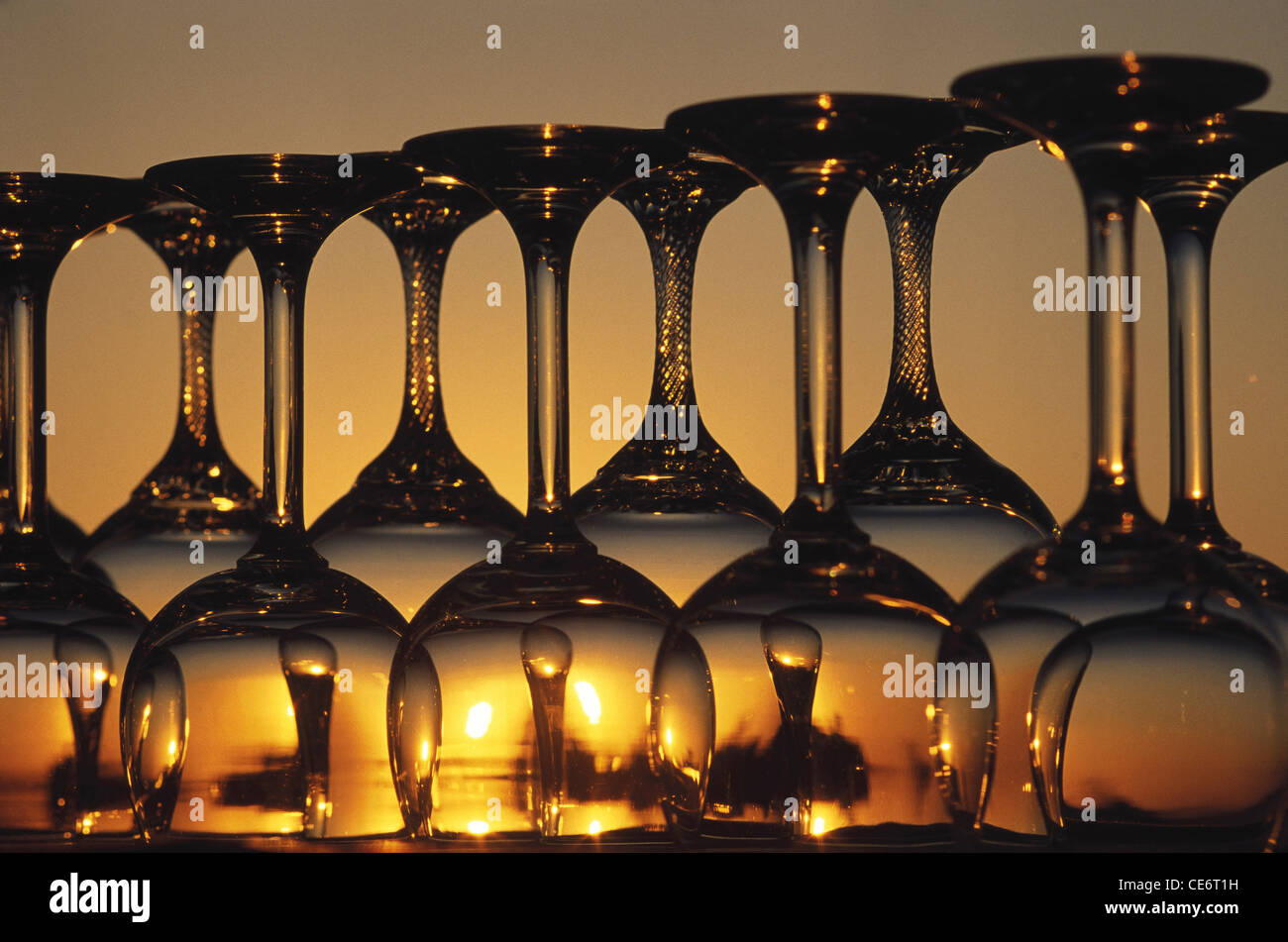 HMA 85034 : 10 ten wine glasses inverted sunset dusk evening Stock ...