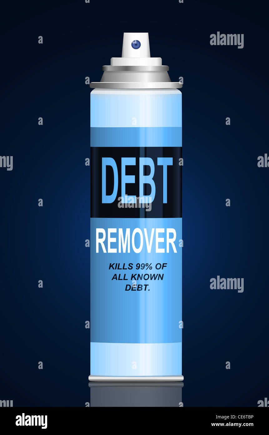 Illustration depicting a single aerosol spray can with the words 'debt ...
