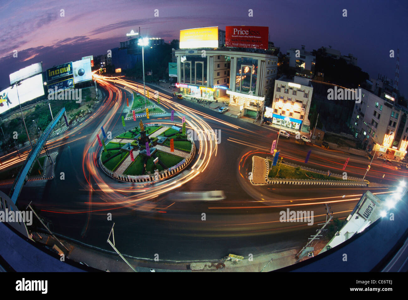 PRG 87983 : aerial view of roundabout light streaks of cars traffic ...
