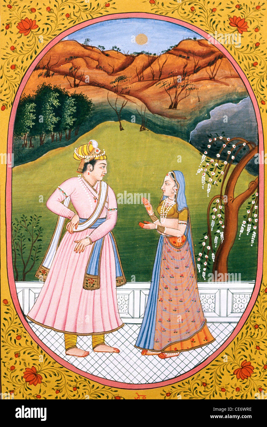 Miniature painting Barahmasa couple standing verandah garden summer ...