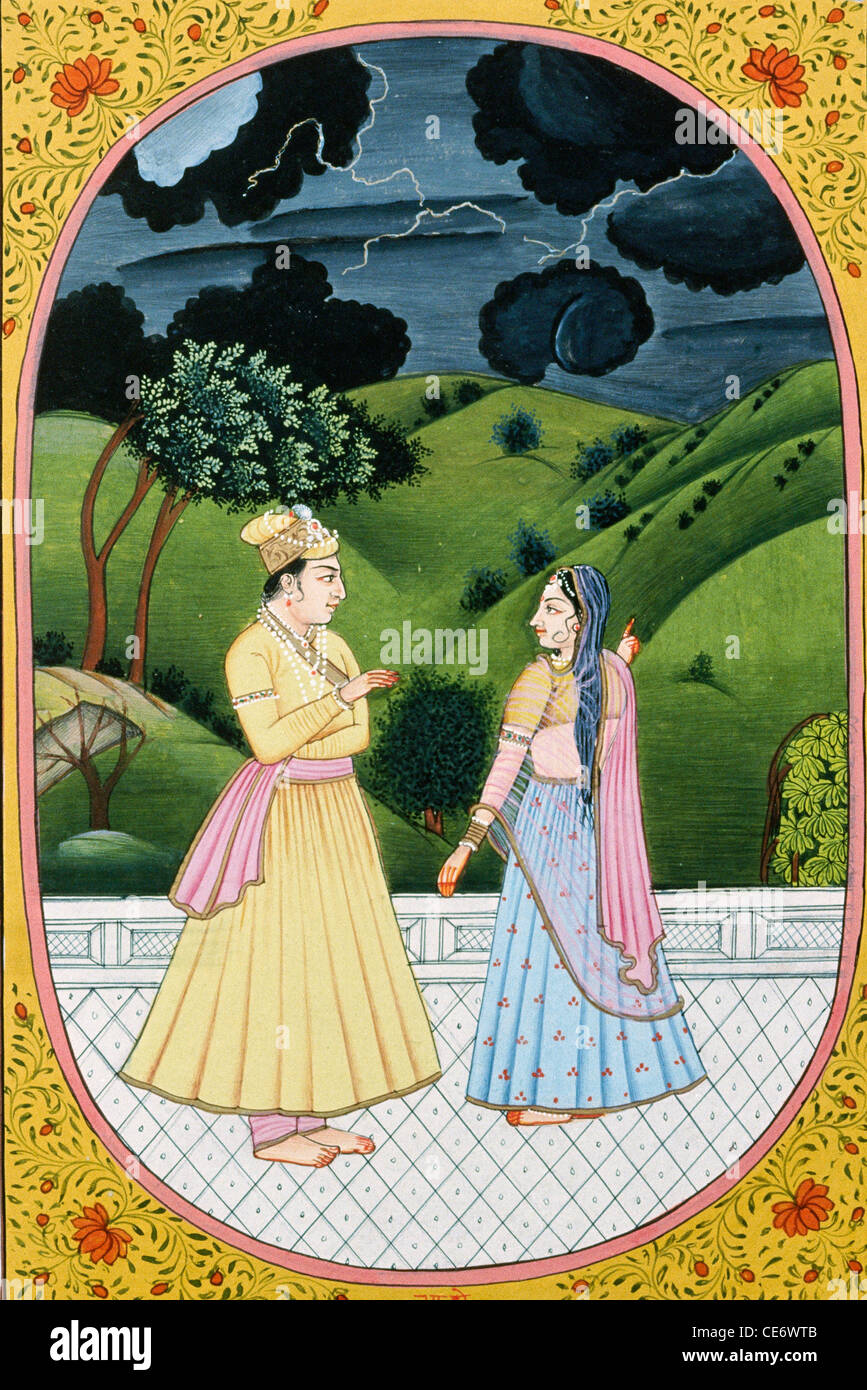 Miniature painting Barahmasa couple standing verandah concept monsoon ...