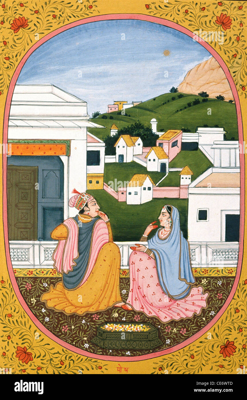 Miniature painting Barahmasa couple sitting verandah concept winter ...