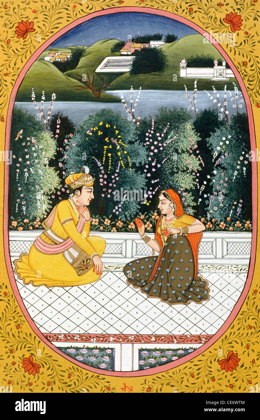 Miniature painting Barahmasa couple sitting in garden concept summer ...