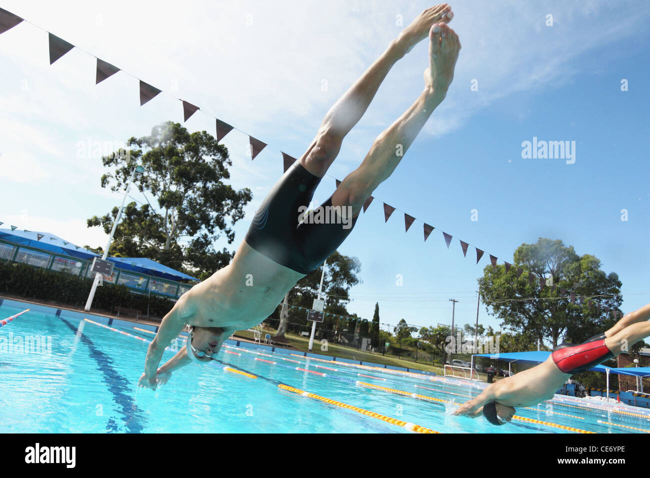 Swimmers Diving into Pool Stock Photo - Alamy