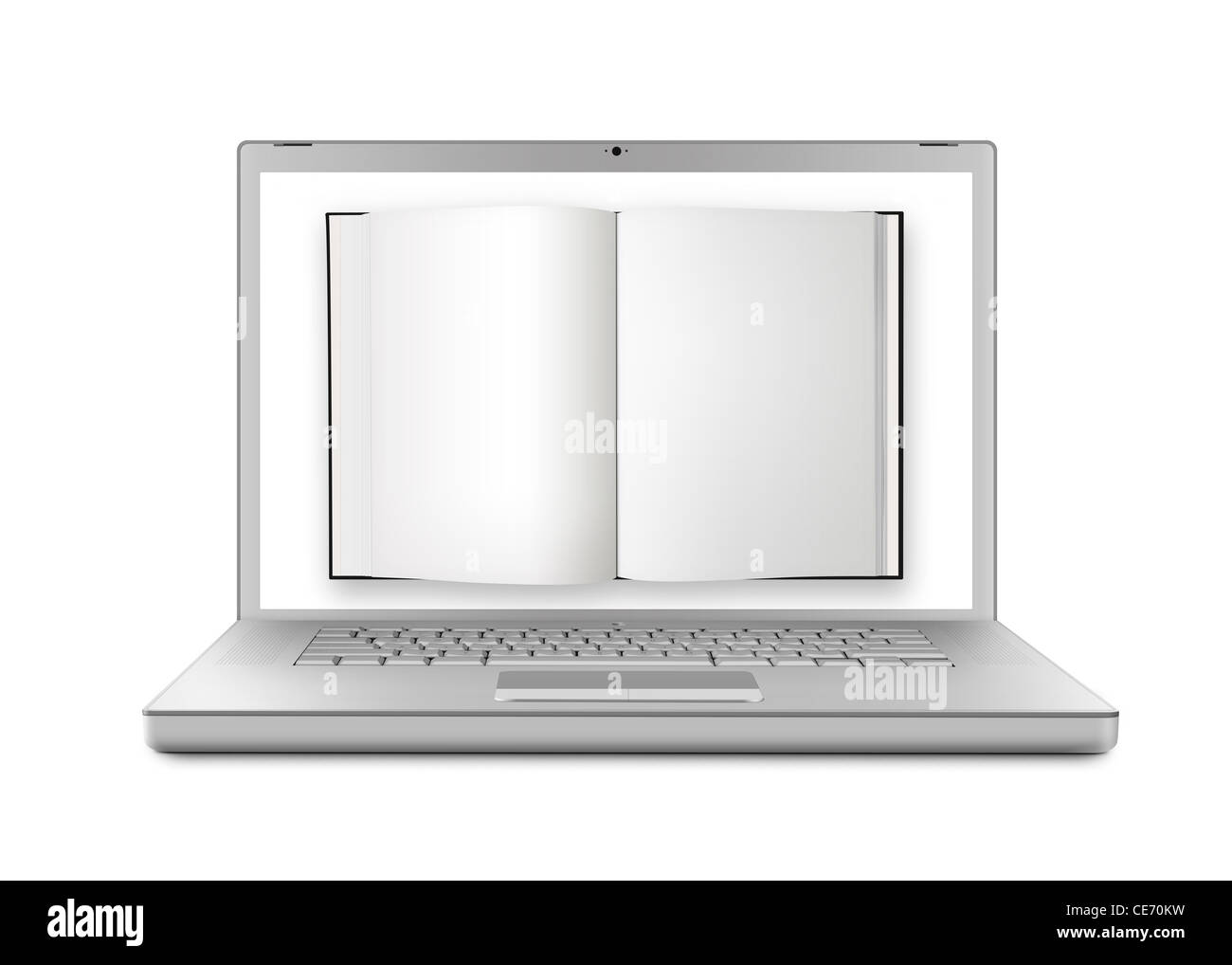 E-book concept with book on a modern laptop screen. Isolated on white ...